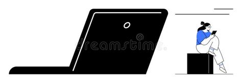 Woman Sitting On Cube Using Mobile Device Next To Giant Laptop Outline