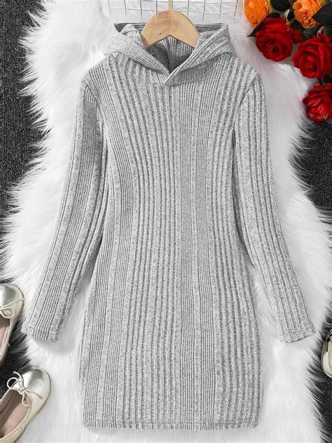 Girls Ribbed Knit Hooded Dress Modest Fashion Outfits Hooded Dress