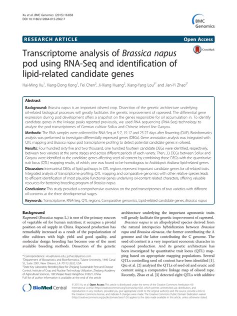 Pdf Transcriptome Analysis Of Brassica Napus Pod Using Rna Seq And Identification Of Lipid