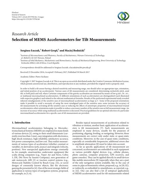 PDF Selection Of MEMS Accelerometers For Tilt Measurements