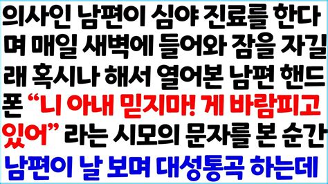반전사이다사연 의사인 남편이 심야 진료를 한다며 매일 새벽에 들어와 잠을 자길래 혹시나 해서 열어본 남편의 핸드폰 니