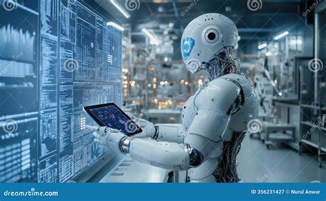 Robotic Worker In A High Tech Factory Environment Using A Digital Interface Stock Illustration