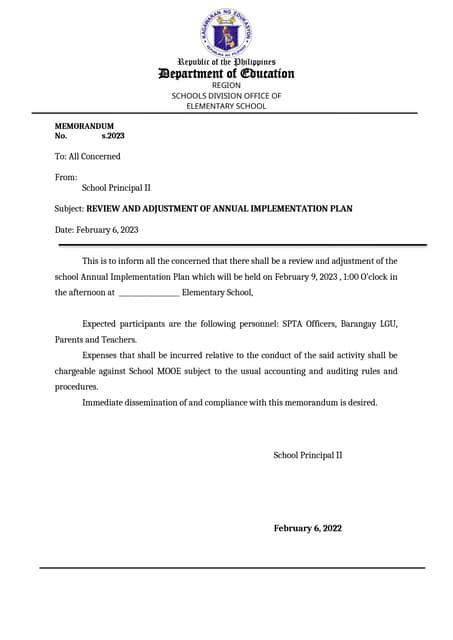 Memo On Memo On Annual Implementation Plan For Elementary Pdf