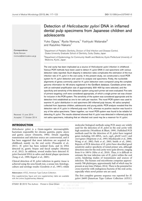 Pdf Detection Of Helicobacter Pylori Dna In Inflamed Dental Pulp Specimens From Japanese