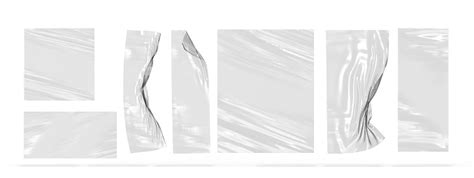 수축 효과가 있는 투명 플라스틱 필름의 3d 세트 정사각형과 직사각형의 구겨진 랩의 오버레이 모형 셀로판 가방의 사실적인 렌더링 질감 주름이 있는 투명 패키지 셀로판에 대한