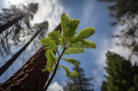 Young Sequoia Tree Reaching For The Sky With Its First New Leaves Of