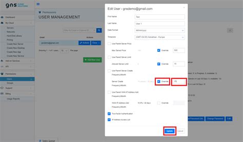 Assign User Limit Server Creation Days GNS