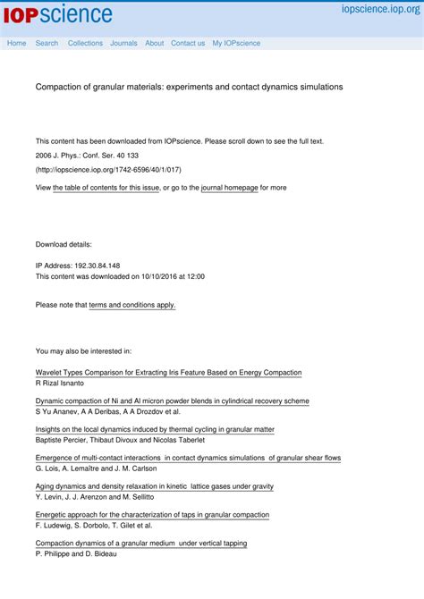 Pdf Compaction Of Granular Materials Experiments And Contact Dynamics Simulations