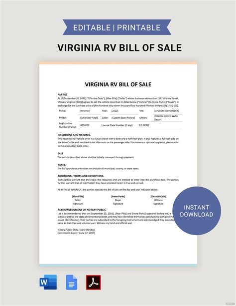 Free Rv Bill Of Sale Templates Editable And Printable