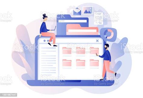 파일 관리 개념입니다 데이터 저장소 폴더 문서 및 미디어 콘텐츠 작은 사람들은 노트북에서 파일을 검색합니다 현대 플랫 만화 스타일 흰색 배경의 벡터 그림 도서관에 대한 스톡