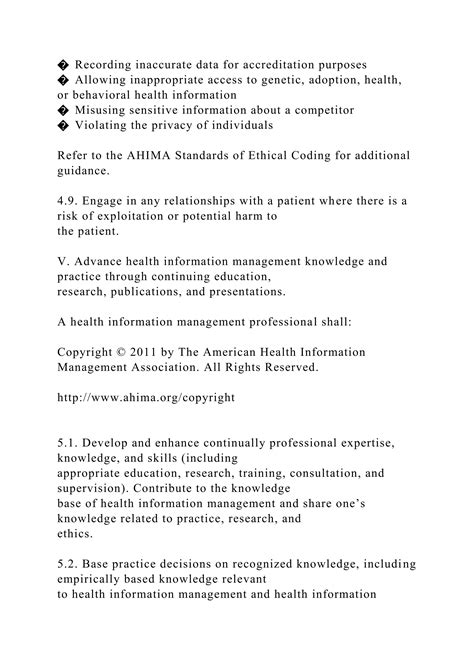 Ahima Code Of Ethics Preamble The Ethical Obligations Docx