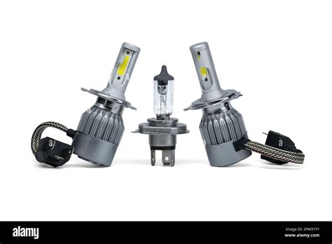 H4 halogen lamp and LED headlight bulbs isolated on white background ...