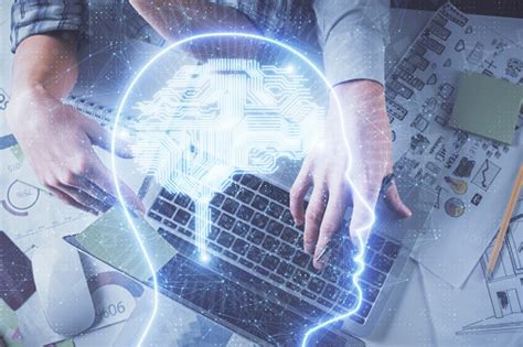 함께 일하는 남자와 여자의 이중 노출과 인간의 뇌 홀로그램 그리기 브레인스토밍 컨셉 컴퓨터 배경입니다 맨 위 보기 개념에 대한