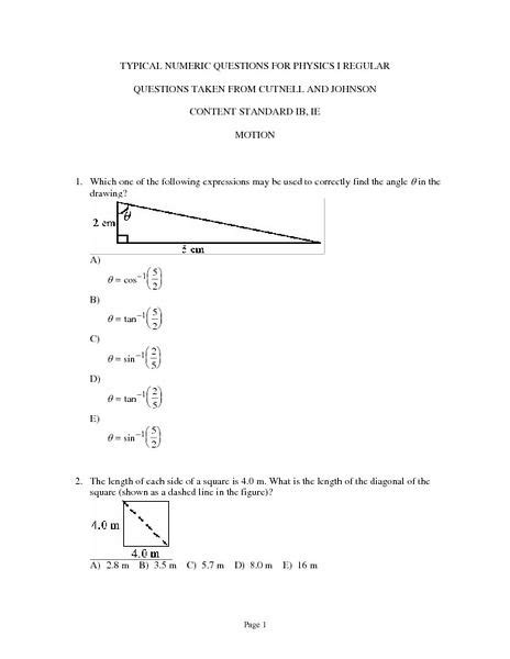 Typical Numeric Questions For Physics I Motion Worksheet Physics Lesson Planet Worksheets