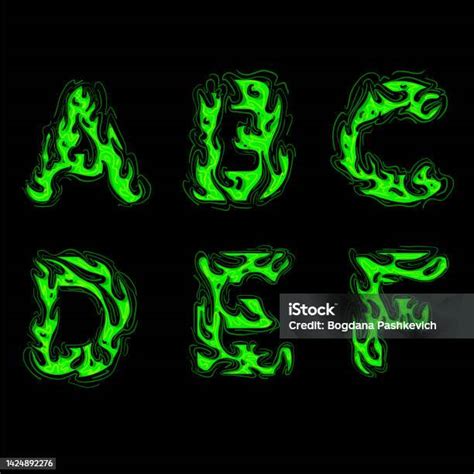 칙칙한 벡터 편지 세트 파트 1 5 편지 A B C D E F 할로윈과 유령 장식을위한 녹색 상징 알파벳에 대한 스톡 벡터 아트