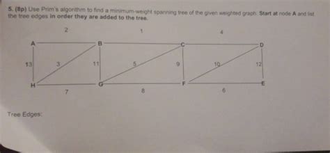 Solved 5 P Use Prims Algorithm To Find A Minimum Weight