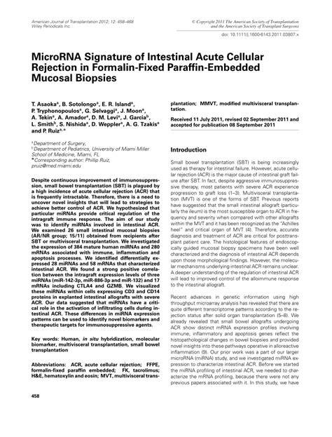Pdf Microrna Signature Of Intestinal Acute Cellular Rejection In Formalin Fixed Paraffin