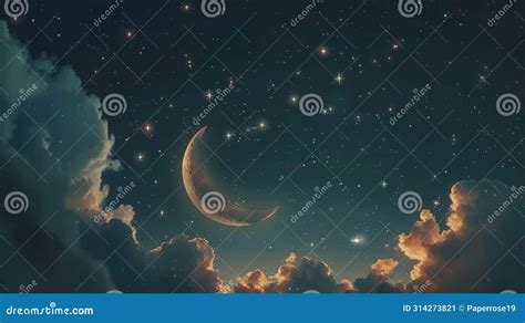 A Serene Night Sky With A Luminous Crescent Moon Surrounded By Glittering Stars Stock