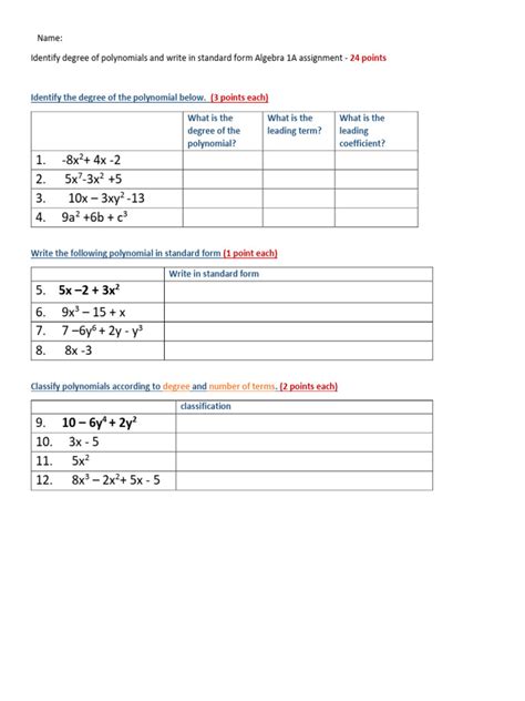 Identify Degree Of Polynomials And Write In Standard Form Algebra 1a