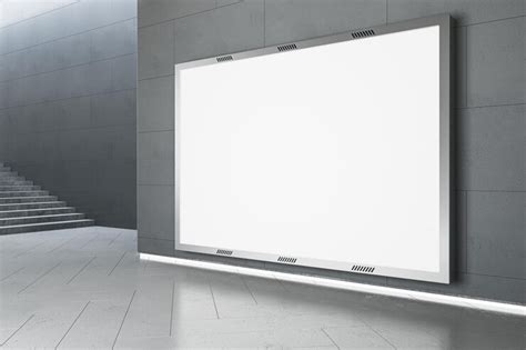 계단 상업 광고 개념 3d 렌더링이 있는 지하의 빈 흰색 모의 광고판 프레임 프리미엄 사진