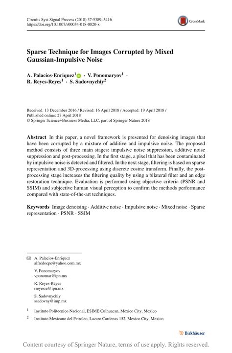 Sparse Technique For Images Corrupted By Mixed Gaussian Impulsive Noise Request Pdf