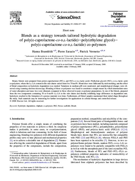 Pdf Blends As A Strategy Towards Tailored Hydrolytic Degradation Of Poly ɛ Caprolactone Co D L