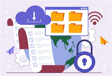 파일 관리 개념 컴퓨터 화면에서 문서가 있는 폴더 전자 저장 및 보관 온라인 클라우드 서비스 평면 벡터 일러스트 레이 션 파일에 대한 스톡 벡터 아트 및 기타 이미지