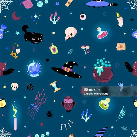 마녀 마법 원활한 패턴 마법의 요소 만화 병 독 수정 구슬 및 모자 할로윈 검은 고양이와 박쥐 요즘 벡터 프린트 개체 그룹에 대한 스톡 벡터 아트 및 기타 이미지 Istock