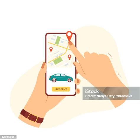 여성의 손은 자동차 검색 응용 프로그램과 함께 스마트 폰을 잡고 도시지도에 카 셰어링 지리적 위치의 개념 빠른 온라인 택시 검색