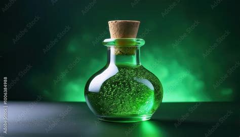 Glowing Green Poisonous Elixir In Glass Flask With Cork Stopper Dangerous Bubbling Potion With