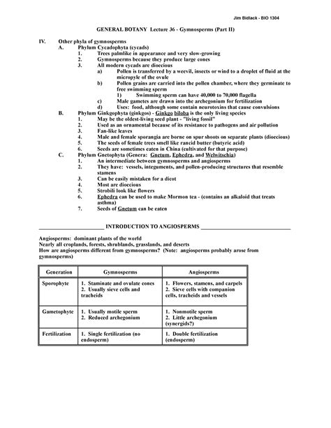 Gymno 236 Botany Lecture Notes From Prof Jim Jim Bidlack Bio 1304