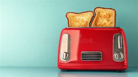 Realistic Illustration Of A Red Plastic Toaster With Toasted Slices Of Bread Complete With