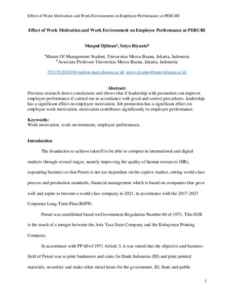 Pdf Effect Of Work Motivation And Work Environment On Employee Performance At Peruri Effect Of