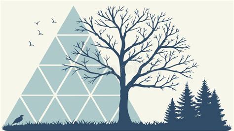 Abstract Landscape With Tree And Geometric Triangles Vector Design Generative Ai Stock Vector