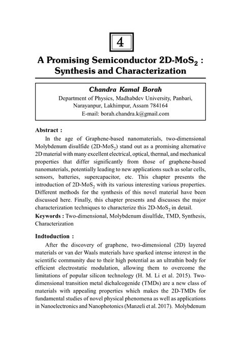 Pdf A Promising Semiconductor 2d Mos2 Synthesis And Characterization