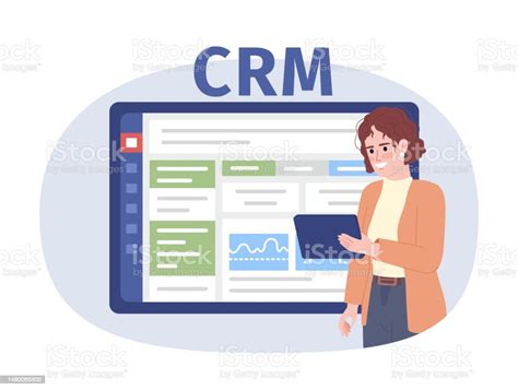 영업 플랫 개념 벡터 스팟 일러스트레이션을 위해 Crm 소프트웨어를 사용하는 영업 사원 2차 도형에 대한 스톡 벡터 아트 및