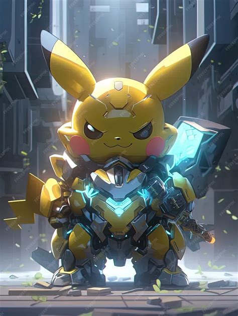 a pikachu character standing in front of a city premium ai generated