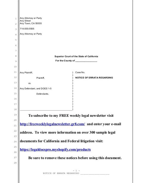 Sample Notice Of Errata For California