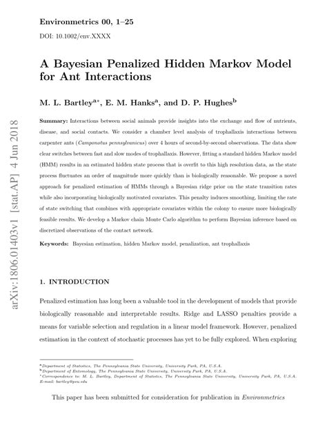Pdf A Bayesian Penalized Hidden Markov Model For Ant Interactions