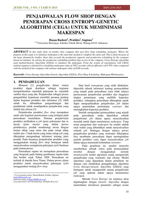 Pdf Penjadwalan Flow Shop Dengan Penerapan Cross Entropy Genetic
