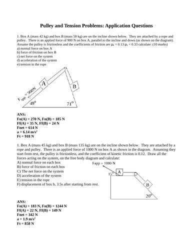 Forces Pulley Problems Net Force Acceleration Physics S A With Answers 12pg Teaching Resources
