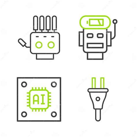 Set Line Electric Plug Processor With Microcircuits Cpu Robot Low