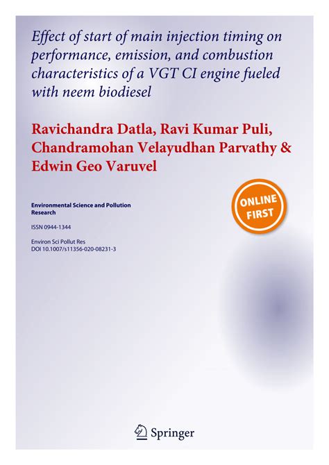 Pdf Effect Of Start Of Main Injection Timing On Performance Emission And Combustion