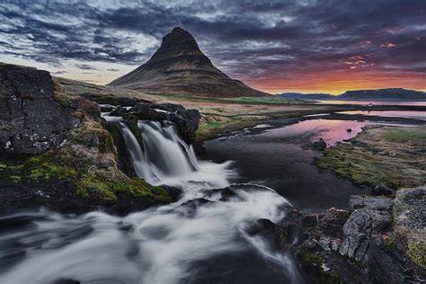 풍경 일몰 산 자연 돌 폭포 저녁 아이슬란드 Kirkjufell Hd 배경 화면 Wallpaperbetter