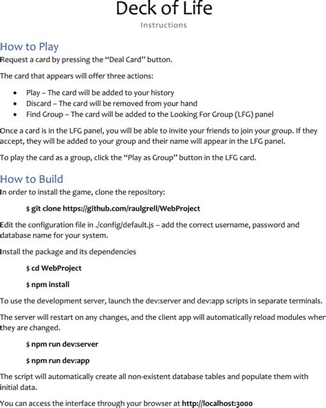 Deck Of Life Instructions