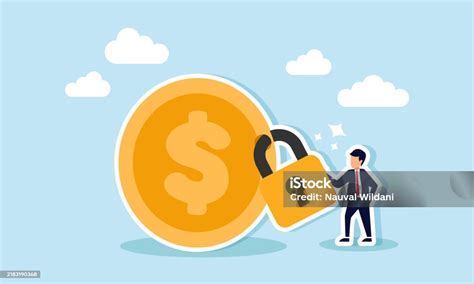 한 사업가가 자물쇠로 잠근 1달러 동전 옆에 서 있는데 이는 모든 사업 거래가 달러로 이뤄지도록 요구하는 국제 금융 전략을 상징한다 개념에 대한 스톡 벡터 아트 및 기타