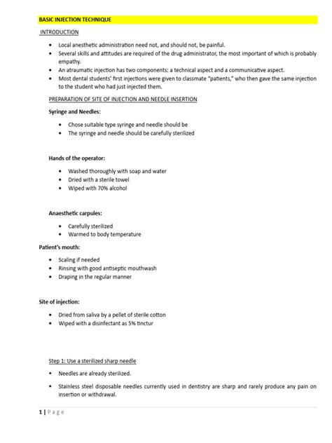Basic Injection Technique Pdf Injection Medicine Anesthesia
