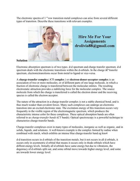 The Electronic Spectra Of 1st Row Transition Metal Complexes Can Arise Docx Chemistry Science