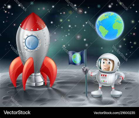 Cartoon Astronaut And Space Rocket On The Moon Vector Image
