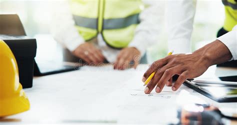 Architecture Meeting And Hands Of Business People With Blueprint For Urban Planning Design And